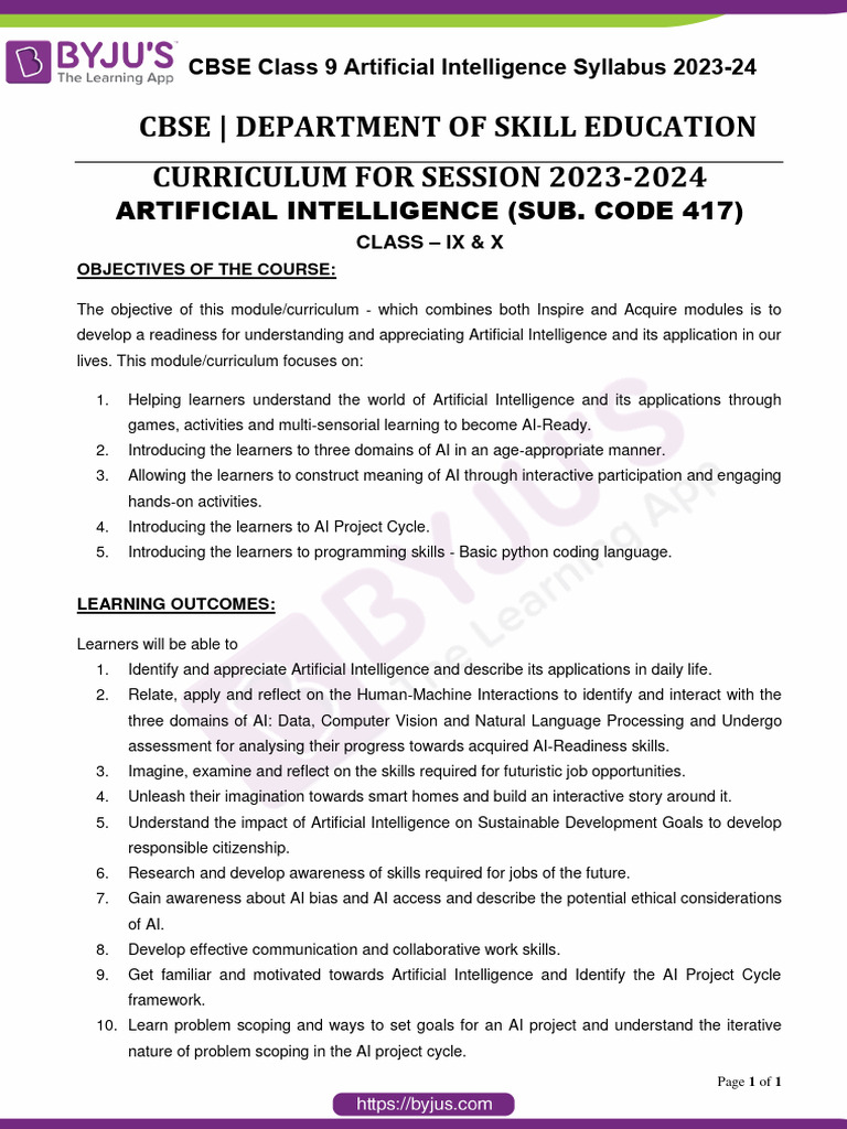 CBSE Class 9 Artificial Intelligence Syllabus 2023 24 | PDF | Artificial Intelligence ...