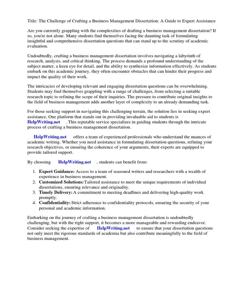 Business Management Dissertation Questions | PDF | Thesis | Methodology