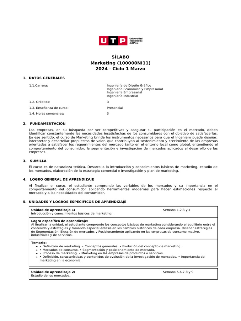 Silabo MARKETING UTP 2024 | PDF | Marketing | Producto (Negocio)