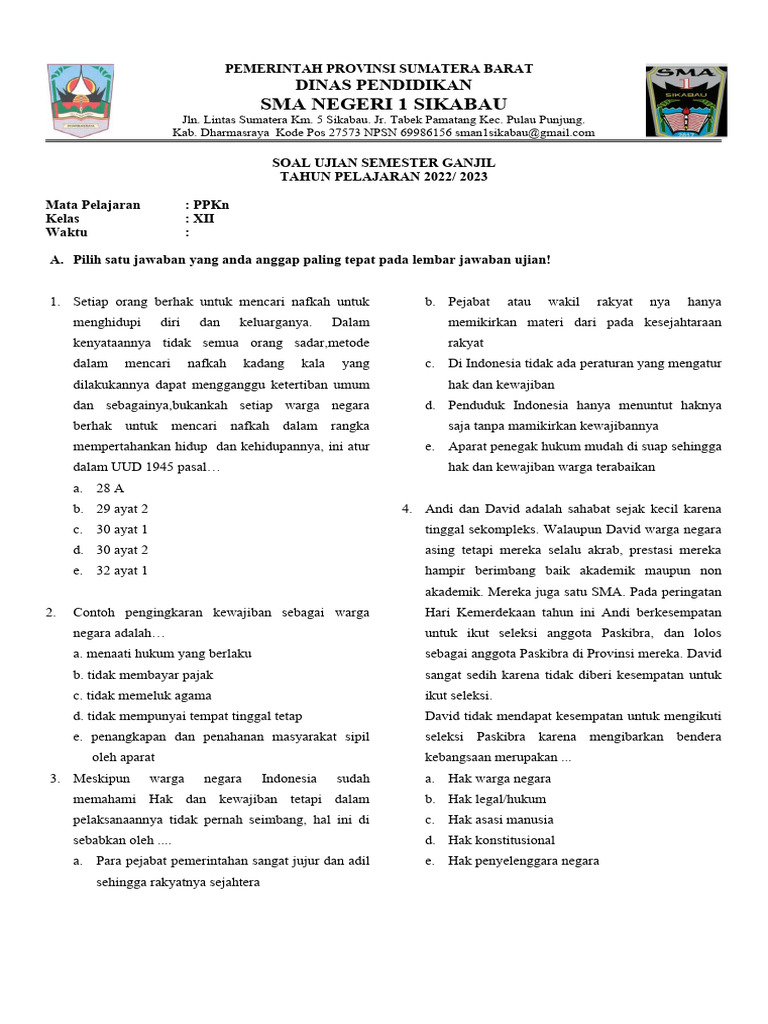 Soal Ujian PPKn Kelas XII 2022/2023 | PDF