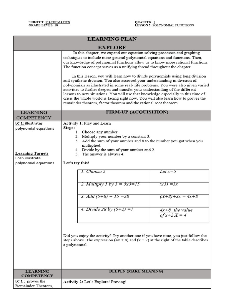 LEARNING PLAN lesson 3 | PDF | Factorization | Polynomial