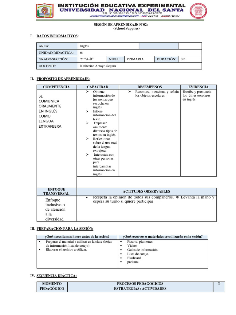 SESIÓN DE APRENDIZAJE - N°02 (1) 2do Grado | PDF | Evaluación | Maestros