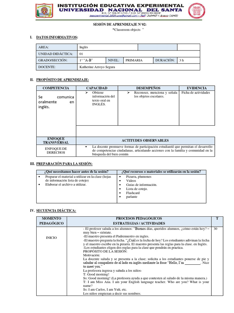 SESIÓN DE APRENDIZAJE_N°02 (1) 1ero grado | PDF | Evaluación | Cognición