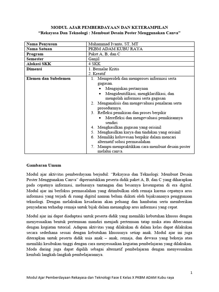 MODUL AJAR REKAYASA DAN TEKNOLOGI - New | PDF | Karier & Perkembangan