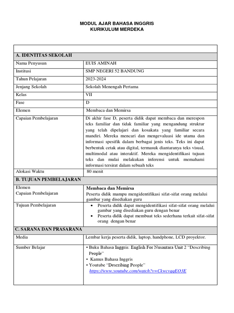 Modul Ajar 3 (Describing People) | PDF