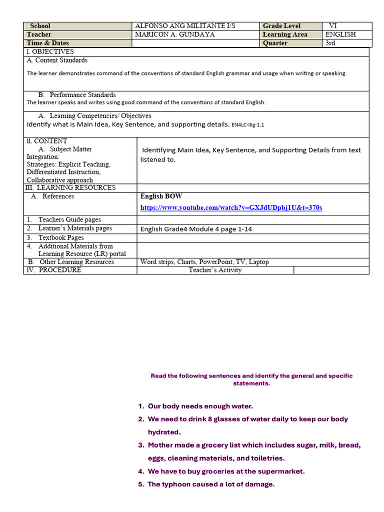 MAIN IDEA LESSON PLAN GRADE 4 | PDF | Learning | Teachers