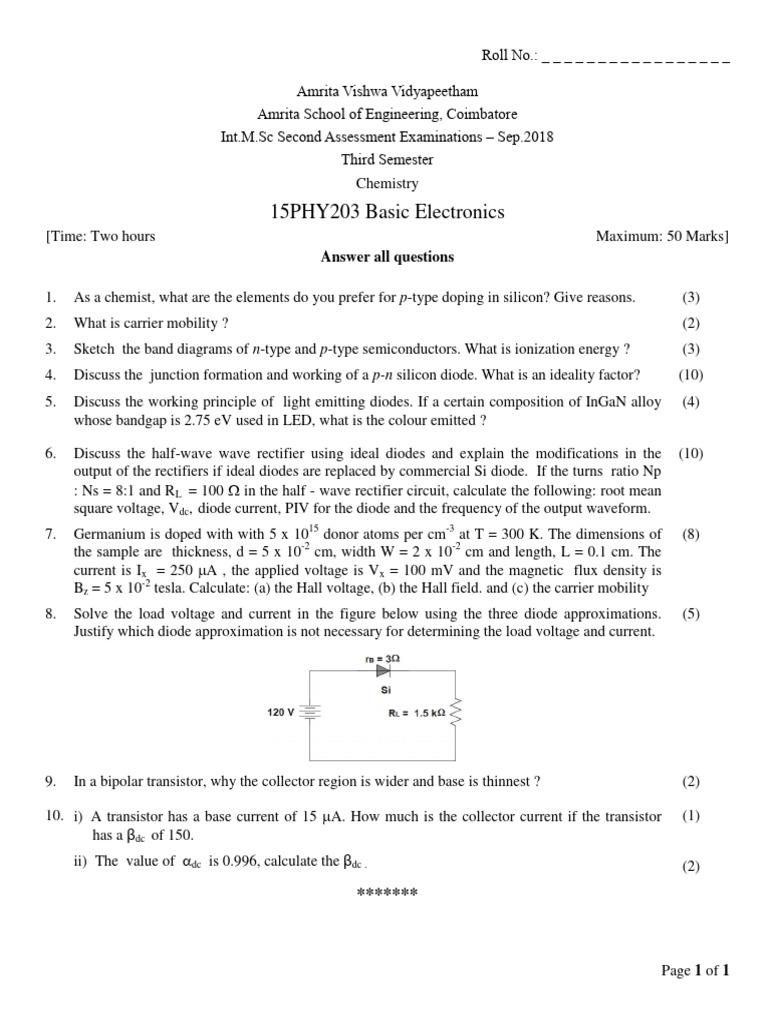 Chemistry Exam: Basic Electronics Concepts | PDF | Diode | Bipolar Junction Transistor