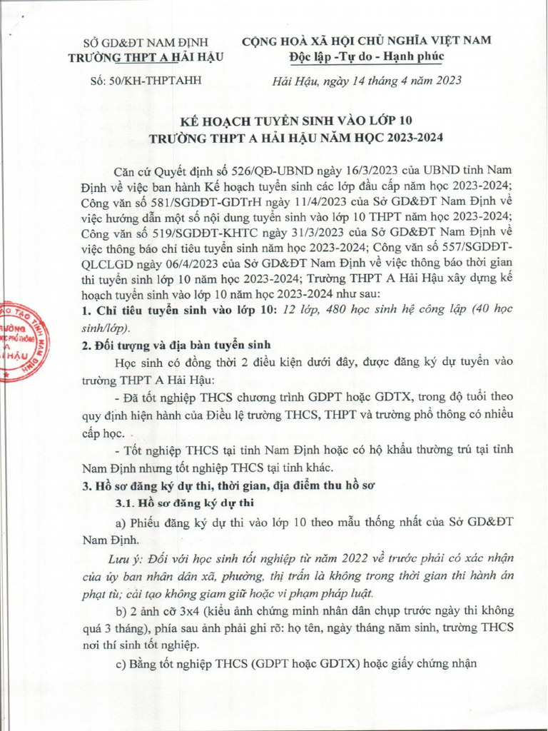 THPT A Hai Hau Ke Hoach Tuyen Sinh Vao Lop 10 Nam Hoc 2023-2024 0b2b6 | PDF