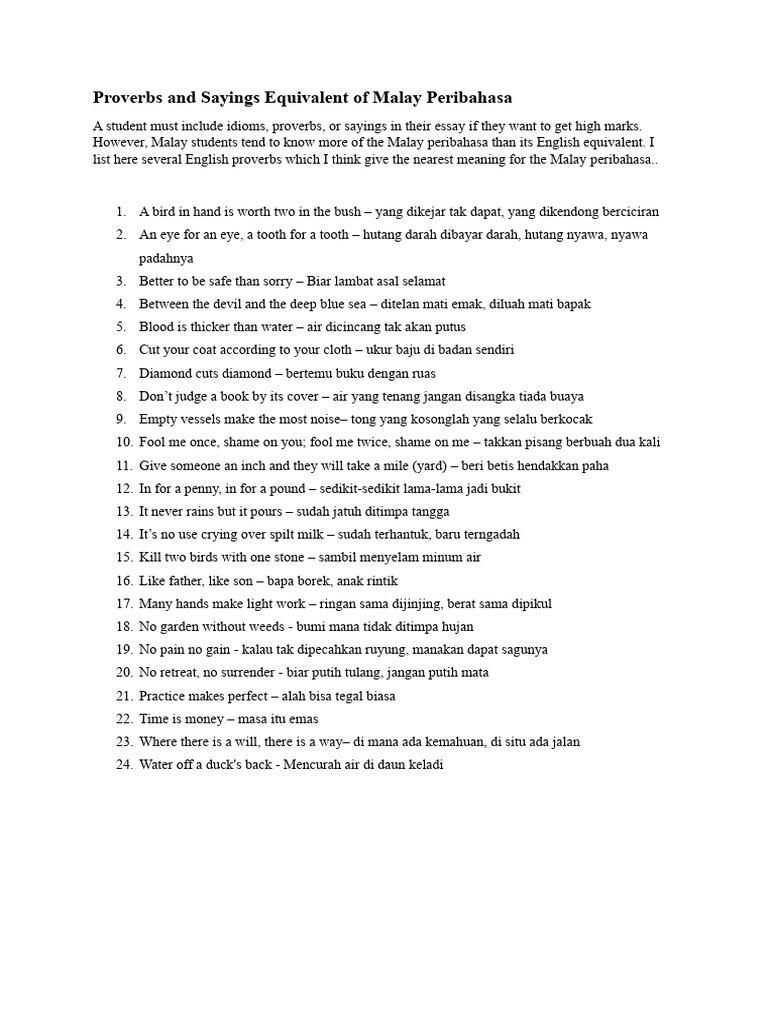 English Equivalents of Malay Proverbs | PDF | Foreign Language Studies