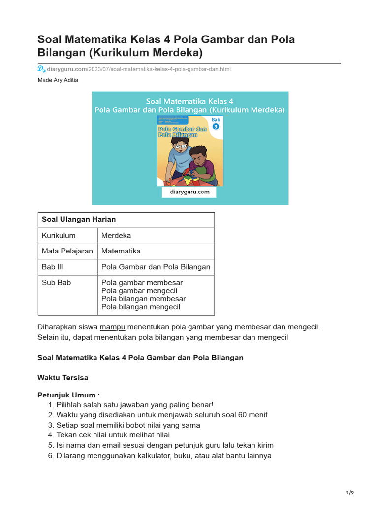Soal Matematika Kelas 4 Pola Gambar Dan Pola Bilangan Kurikulum Merdeka | PDF