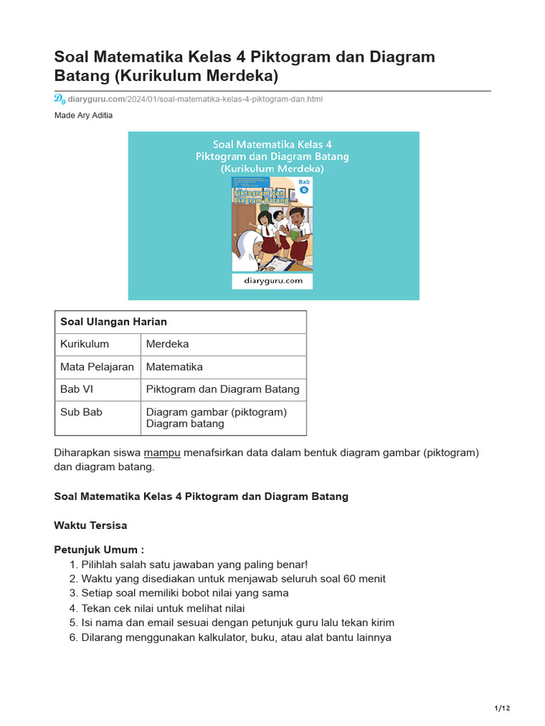 Soal Matematika Kelas 4 Piktogram Dan Diagram Batang Kurikulum Merdeka | PDF