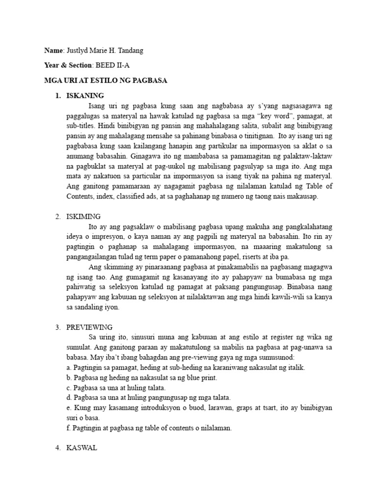 TANDANG-MGA URI AT ESTILO NG PAGBASA | PDF
