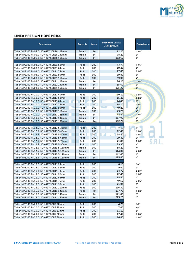 Lista de Precios ISO 4427 PE100 | PDF