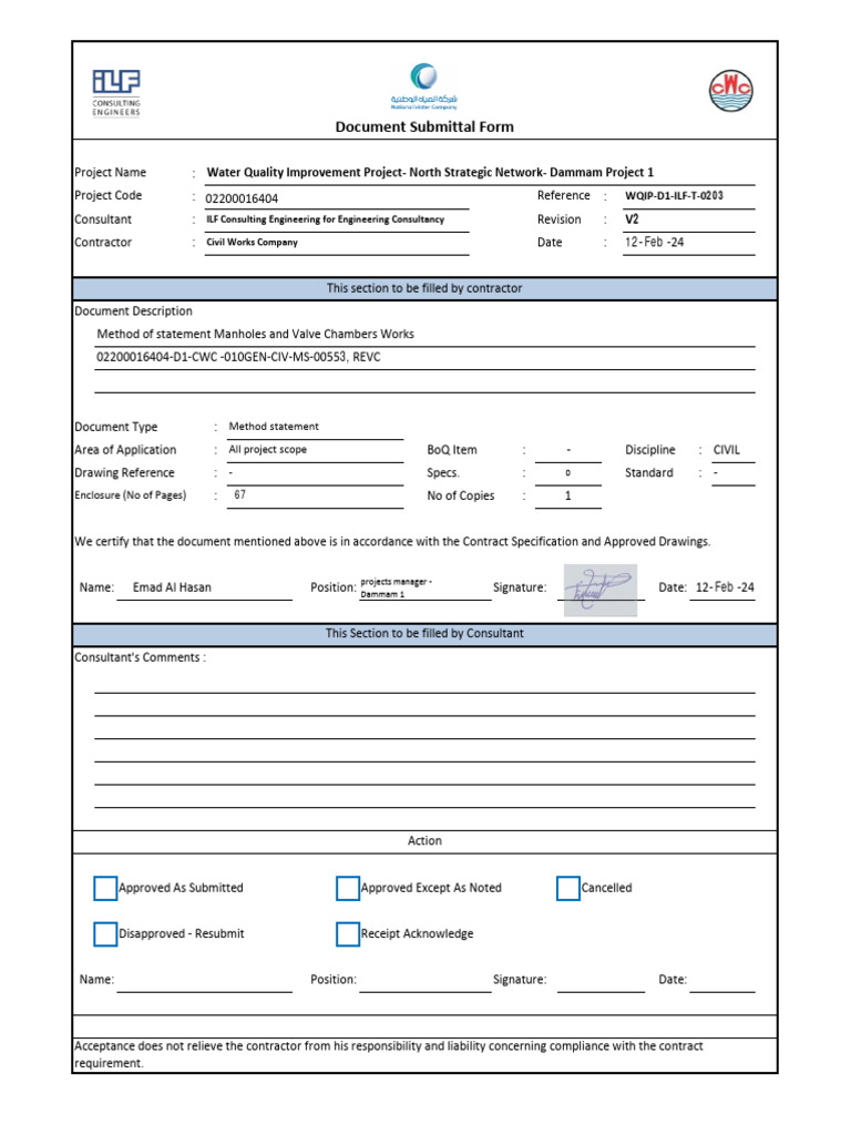 WQIP-D1-ILF-T-0203 V2 METHOD STATEMENT FOR Manholes and Valve Chambers Works | PDF | Concrete ...