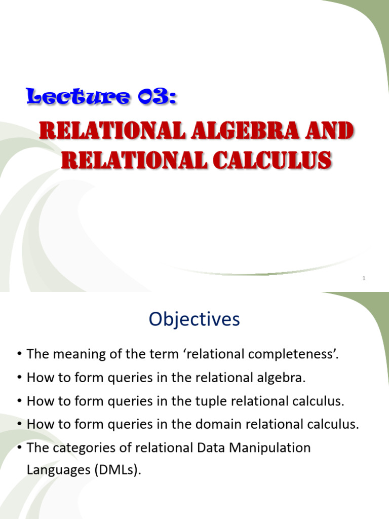 Lecture 03 Relational ALgebra and Relational Calculus | PDF | Relational Model | Applied Mathematics