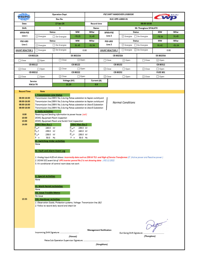 17-Jan-2024 Shift 3-MS PSE-Sub-logbook | PDF | Electrical Substation | Power Electronics