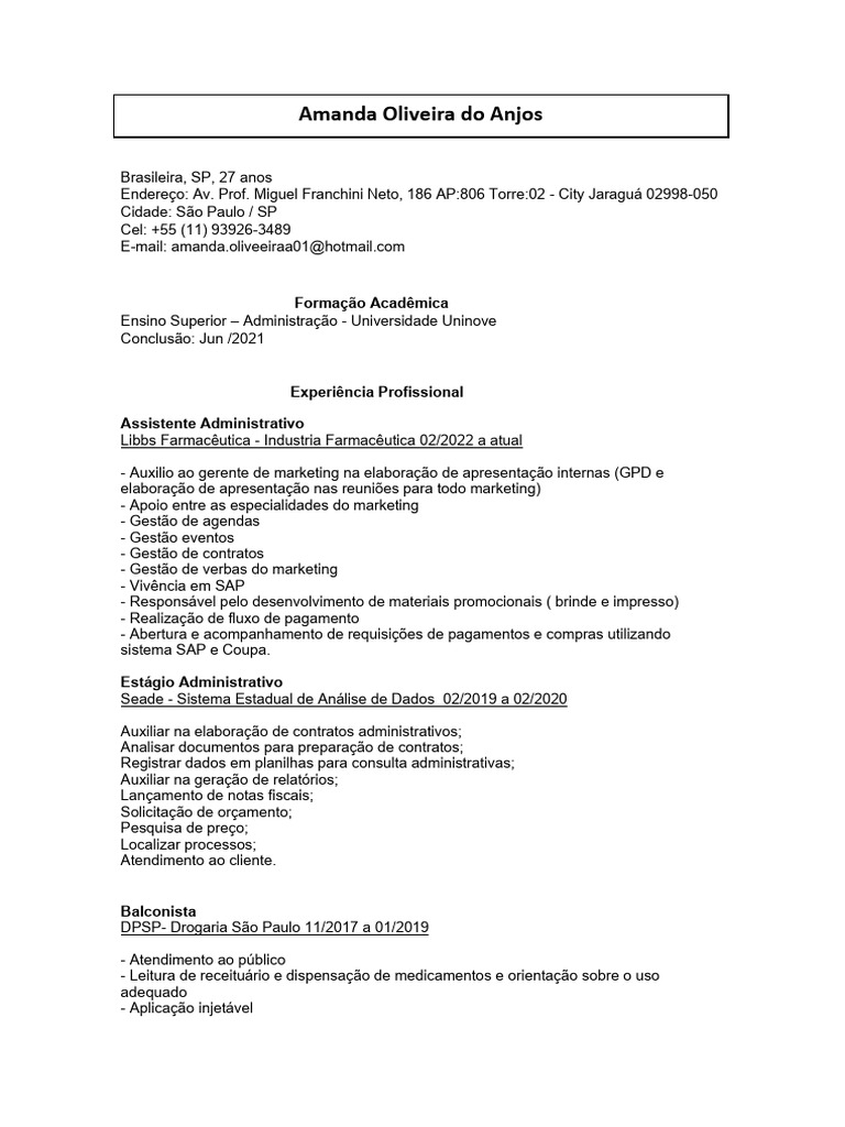 Currículo - Amanda Oliveira Do Anjos | PDF