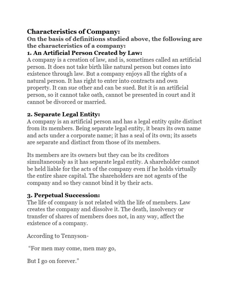 Characteristics of a Company Explained | PDF | Companies | Limited ...