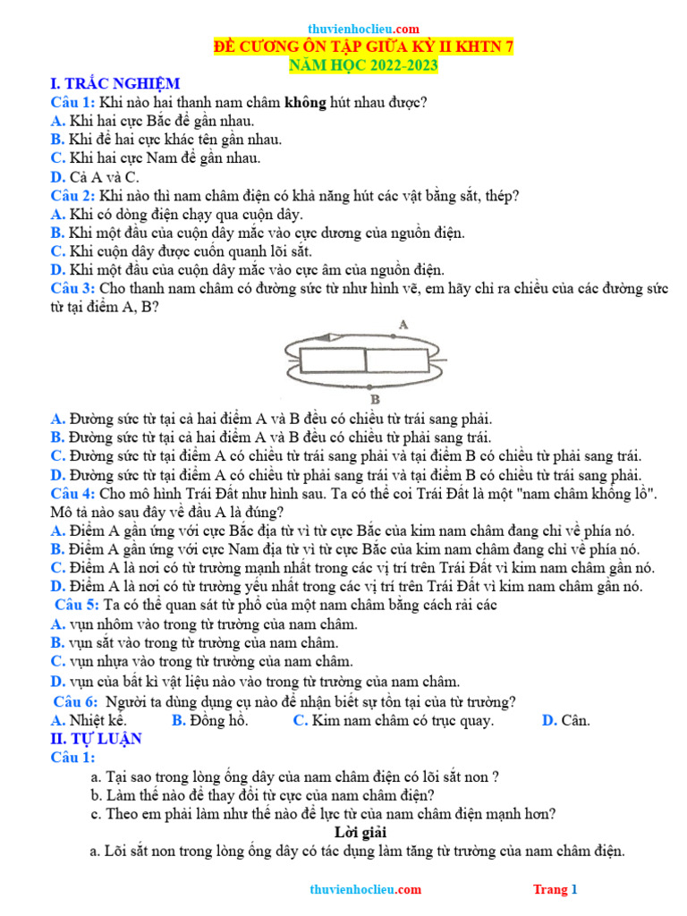 De Cuong On Tap Giua HK2 KHTN 7 Phan Vat Li Nam 22 23 | PDF