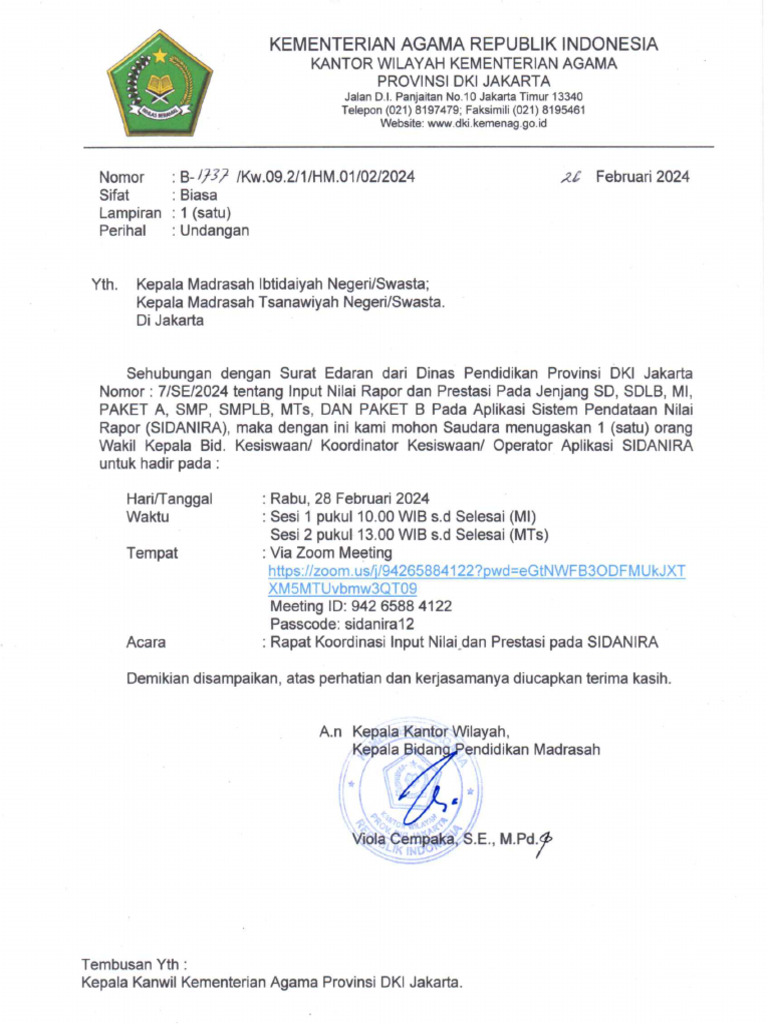 Rapat Koordinasi Input Nilai & Prestasi SIDANIRA 2024 | PDF