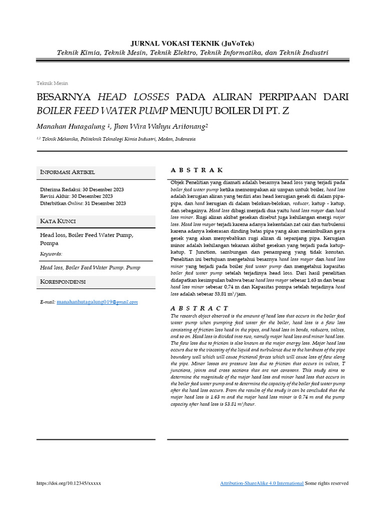 Head Loss pada Pompa Boiler di PT. Z | PDF | Griya & Taman | Teknologi ...