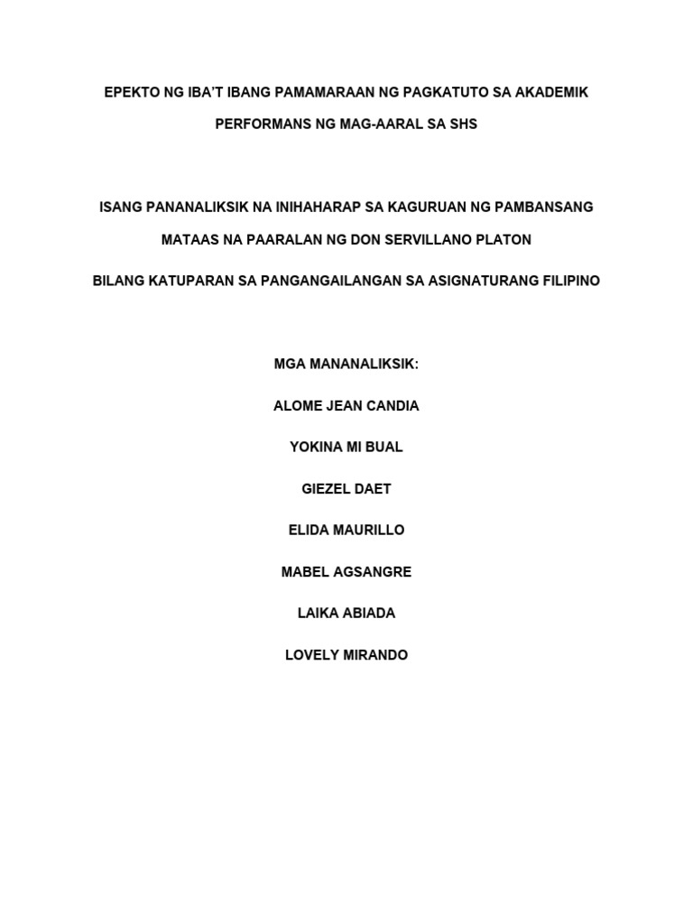 Epekto NG Iba't Ibang Pamamaraan NG Pagkatuto Sa Akademik Performans NG Mag-Aaral SHS | PDF