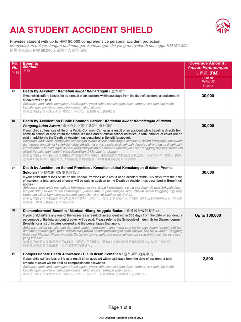 AIA Student Accident Shield Leaflet Plan 32 | PDF