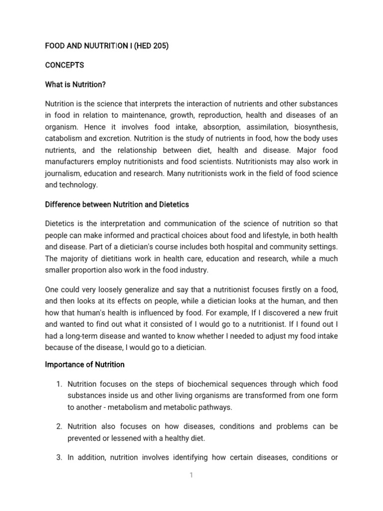 FOOD AND NUTRITION I Students Note | PDF | Stomach | Diet & Nutrition
