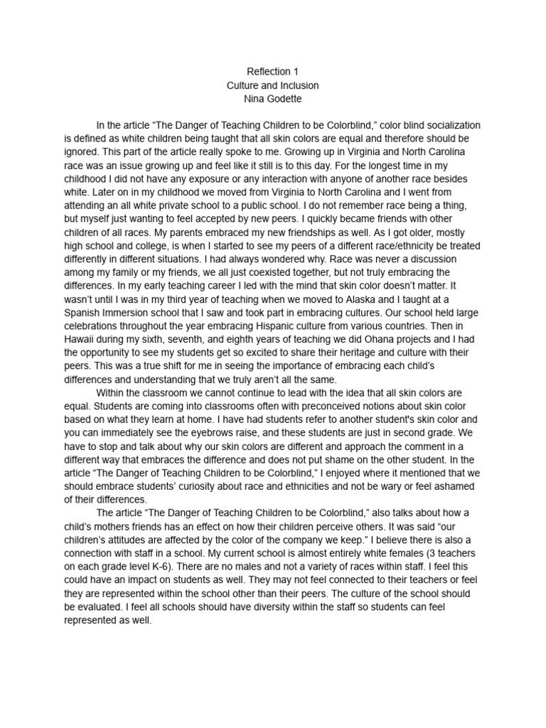 Reflection 1 | PDF | Race (Human Categorization) | Behavioural Sciences