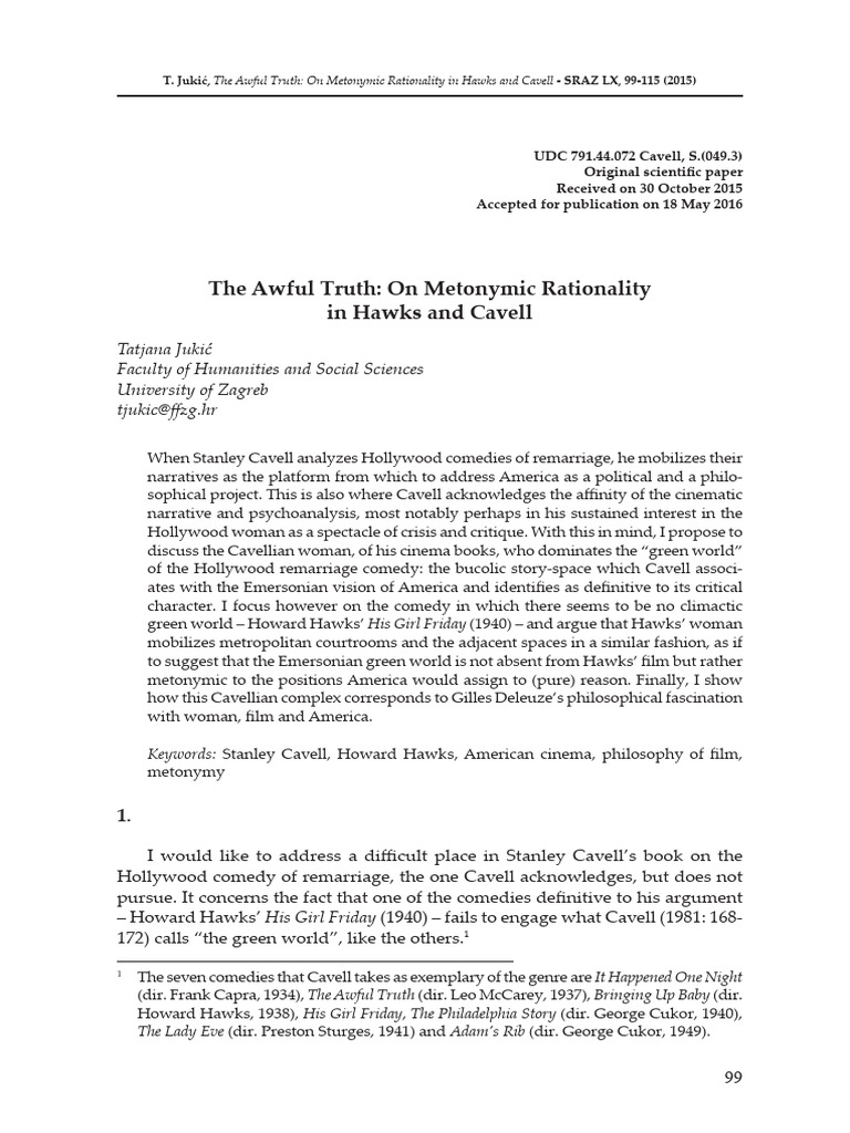 The Awful Truth - On Metonymic Rationality in Hawks and Cavell | PDF ...