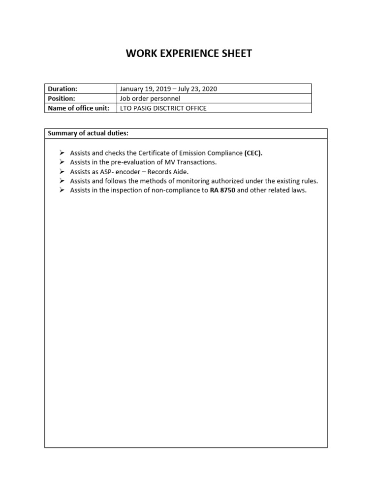 Work Experience Sheet | PDF | Transport