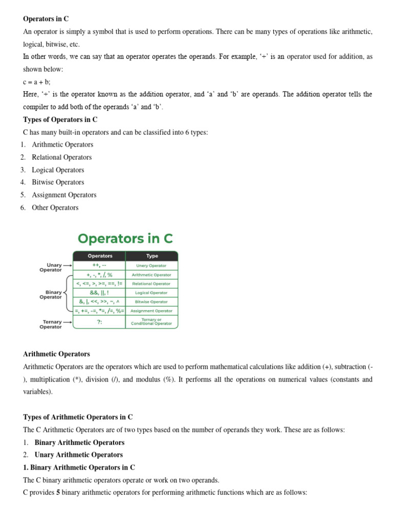 Operators in C | PDF | Arithmetic | Mathematics