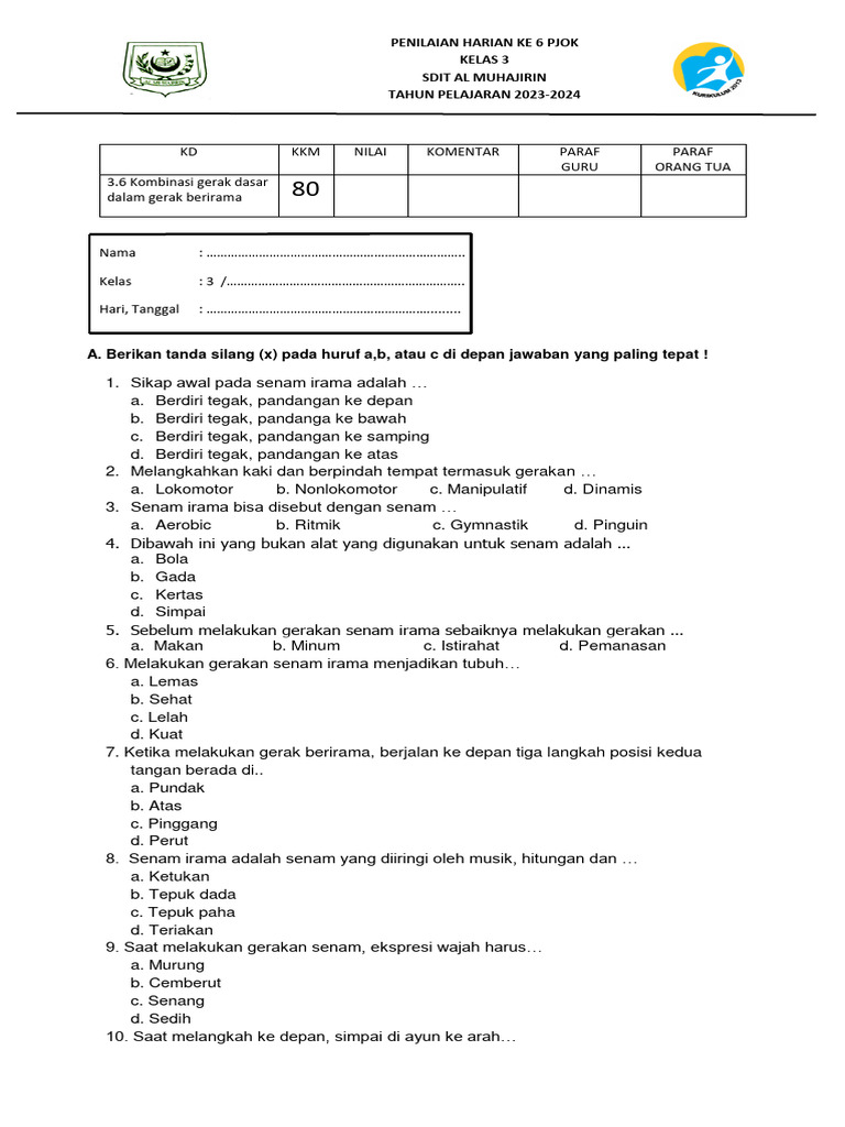 PH PJOK KE 6 2024 Kelas 3. Senam Irama | PDF