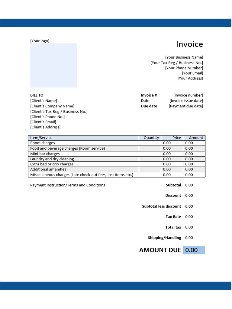 Hotel Invoice Template MS Word | PDF