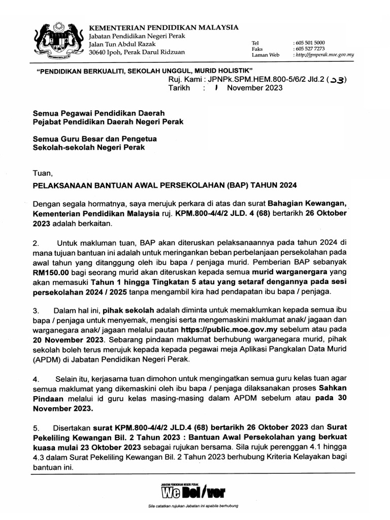 Pelaksanaan Bantuan Awal Persekolahan (Bap) 2024 | PDF