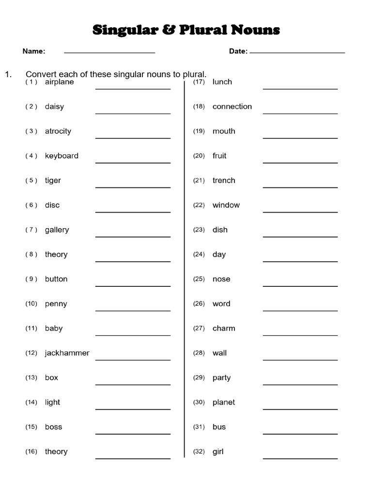 Printable List Of Singular And Plural Nouns