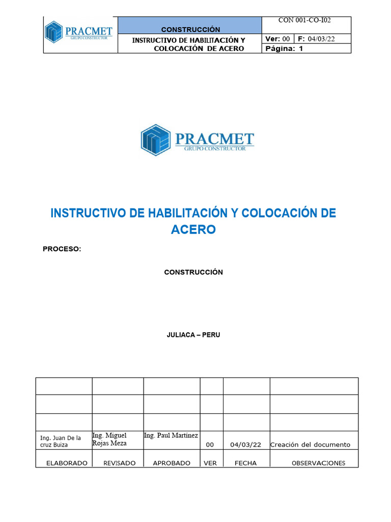 CON 001-CO-I02 Instructivo Habilit. y Colocación de Acero v00 | PDF ...