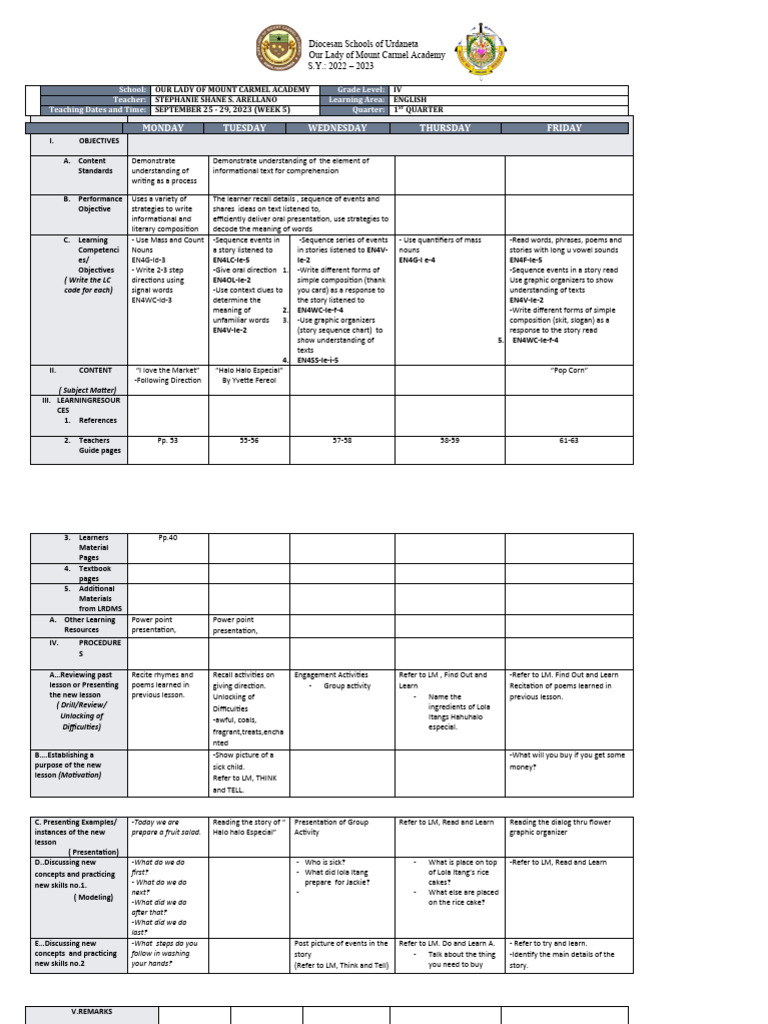 DLL - English 4 - Q1 - W5 | PDF | Learning | Reading Comprehension DLL - English 4 - Q1 - W5 | PDF | Learning | Reading Comprehension