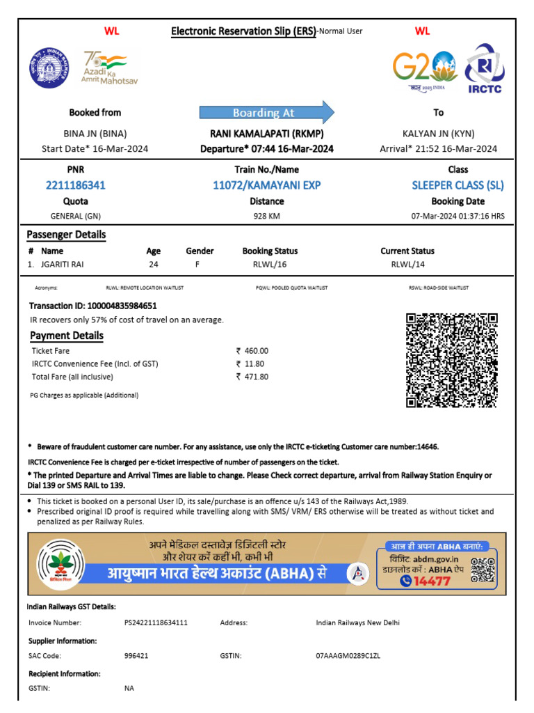11072/KAMAYANI EXP Sleeper Class (SL) : WL WL | PDF | Identity Document