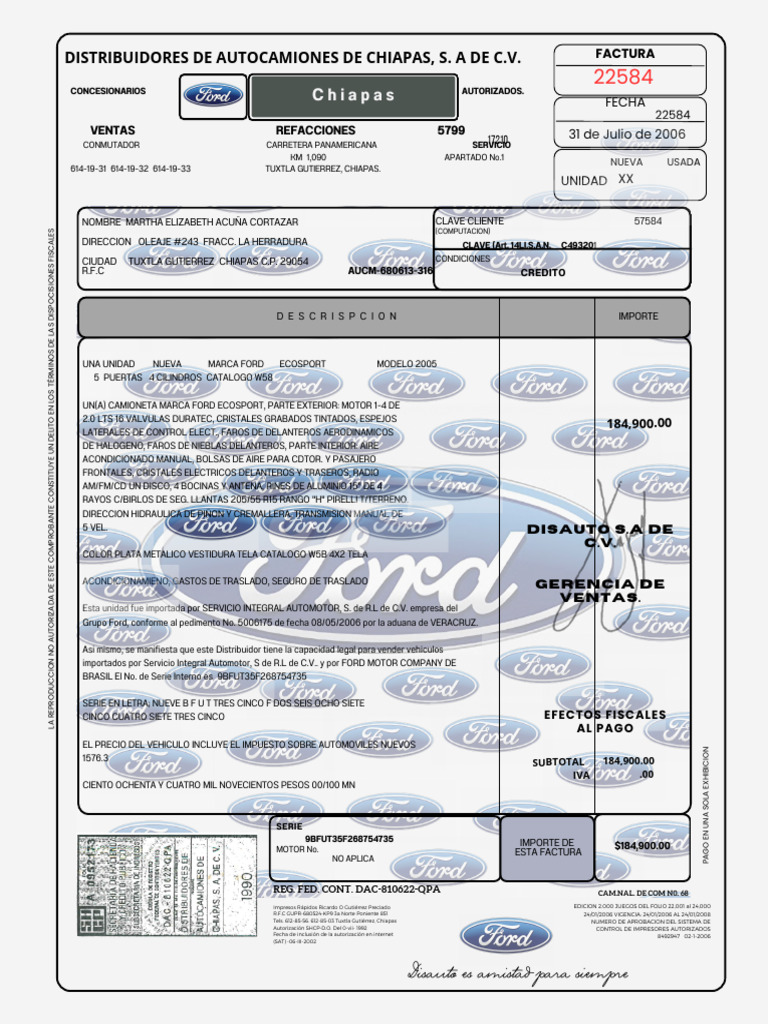 Factura Original Camioneta Ford Ecosport | PDF | Sedanes | Tecnologías ...