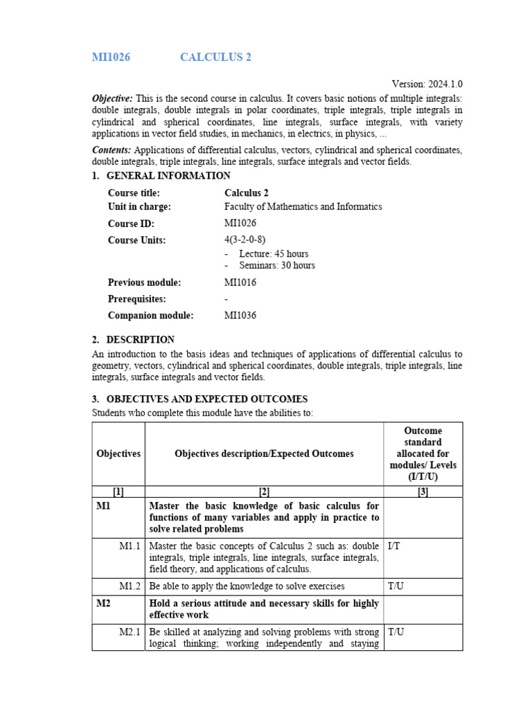 Calculus 2 Course Overview MI1026 | PDF | Integral | Vector Space