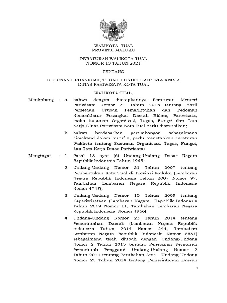 Perda Walikota Tual Nomor 13 Tahun 2021 | PDF