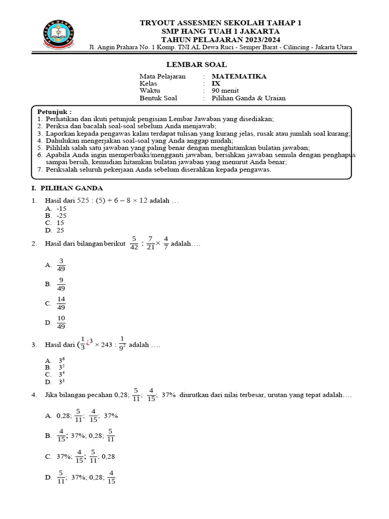 Soal Try Out MTK 2023-2024 | PDF