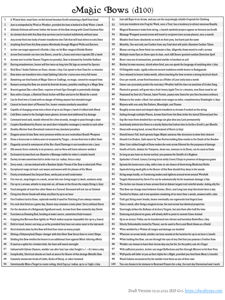 d100 Magic Bows - Single Page Vertical | PDF | Arrow | Bow And Arrow
