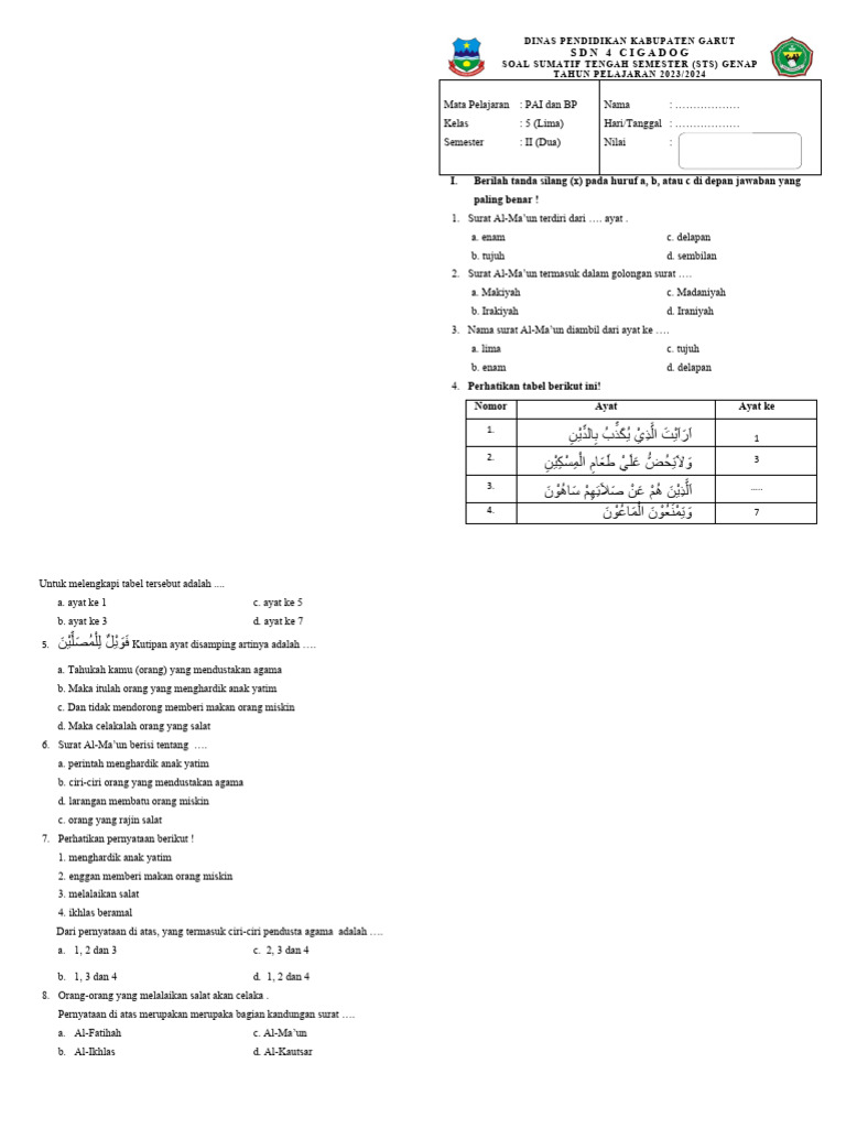 Soal PAI Kelas 5 Semester 2 | PDF