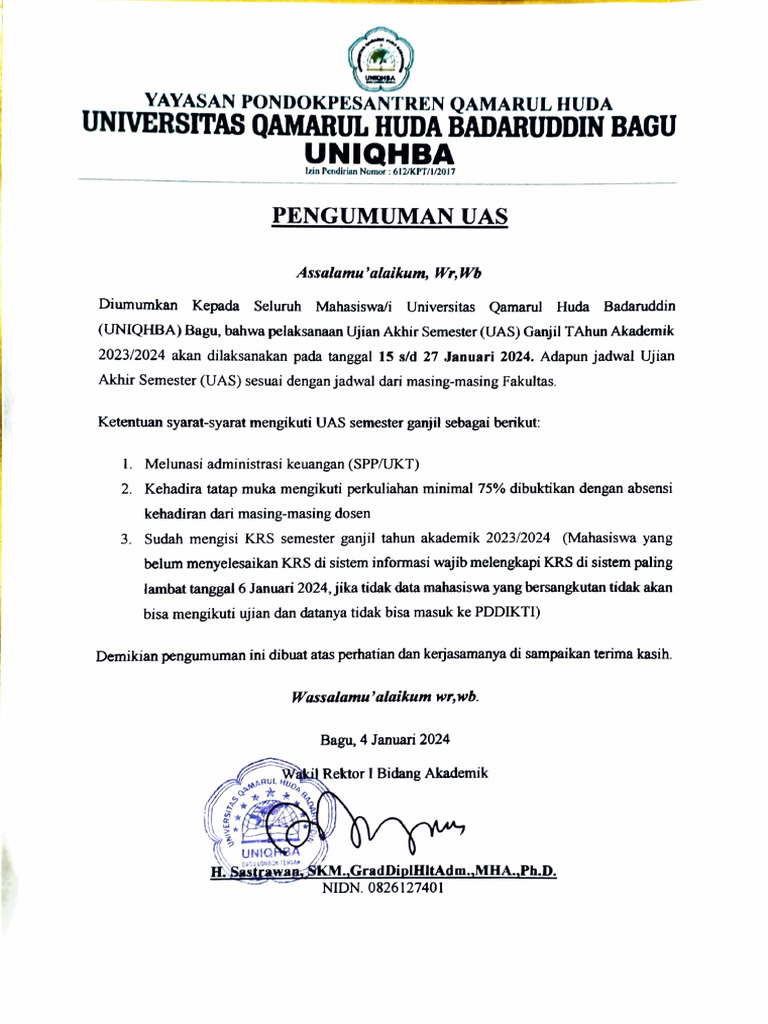 Pengumuman UAS Ganjil UNIQHBA 2024 | PDF