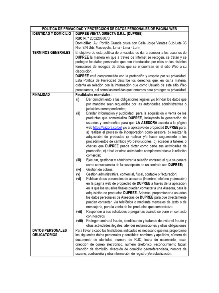 2.politica de Privacidad y Protección de Datos Personales Pagina Web Dupree Ult-1-1 | PDF ...