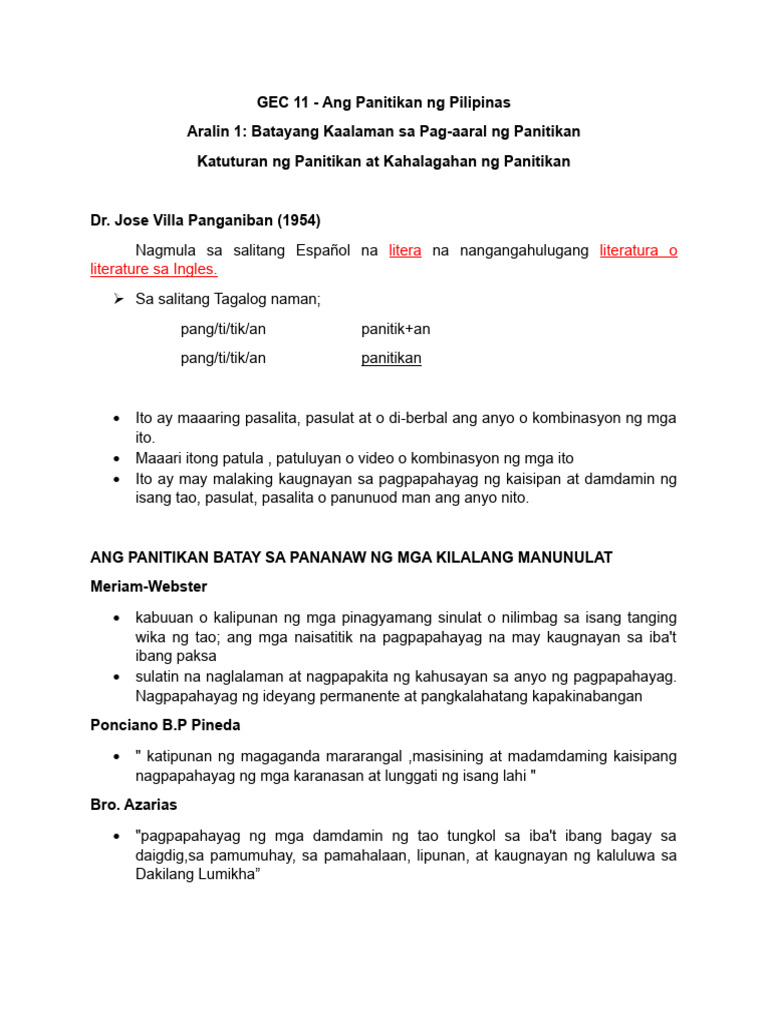 GEC 11 Panitikan - Aralin 1 | PDF