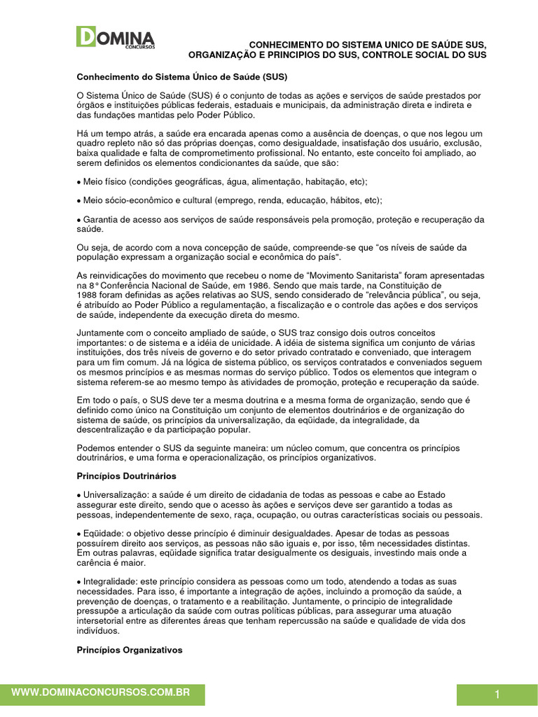 02 Conhecimento Do Sistema Unico de Saúde SUS, Organização e Principios ...