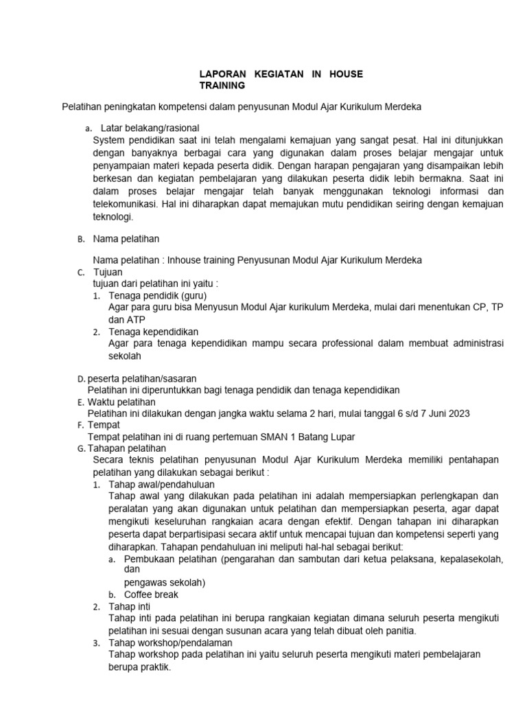 Laporan Kegiatan in House Training | PDF